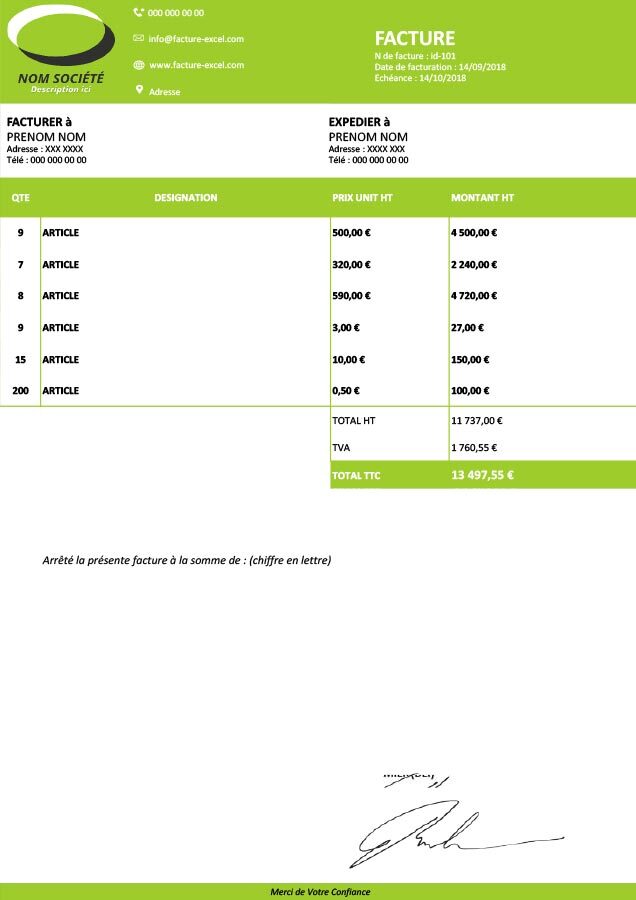 Modèle de facture Excel gratuit à télécharger pour l'année 2024