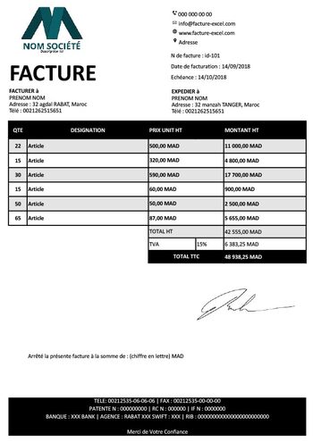 Facture Excel marocaine exportable en PDF | Facture Word