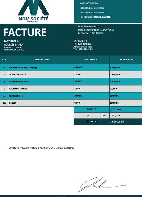 Modèle de Facture Sans TVA prêt à être modifié dans Excel